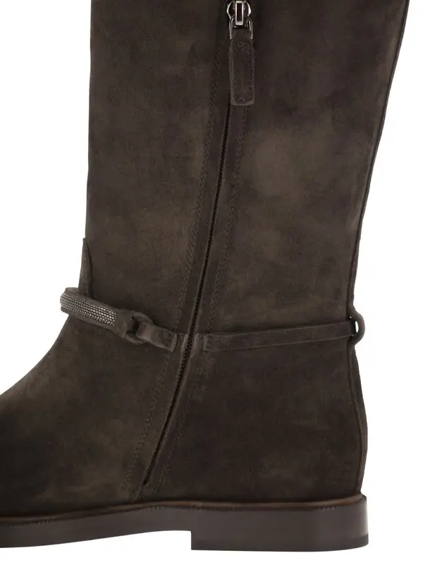 Brunello Cucinelli Suede Leather Knee-high Boots With Monili Detail - Brown