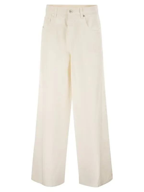 Brunello Cucinelli Relaxed Fit Dyed Denim Trousers With Monile Embellishment - Cream