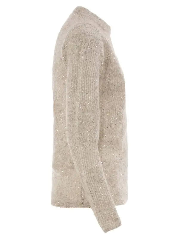 Brunello Cucinelli Sequined Mohair And Wool-blend Crew Neck Sweater - Cream