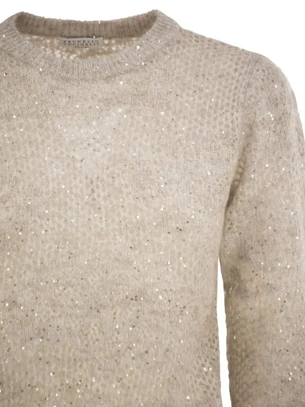 Brunello Cucinelli Sequined Mohair And Wool-blend Crew Neck Sweater - Cream