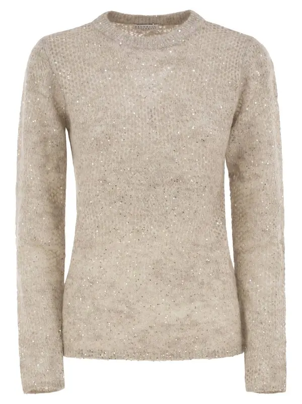 Brunello Cucinelli Sequined Mohair And Wool-blend Crew Neck Sweater - Cream