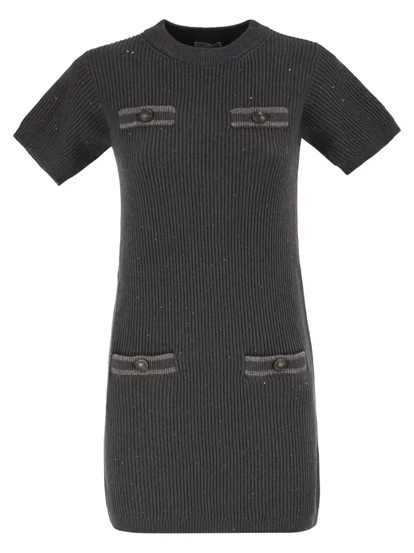 Brunello Cucinelli Ribbed Knit Dress With Sequins And Patch Pockets - Multicolor