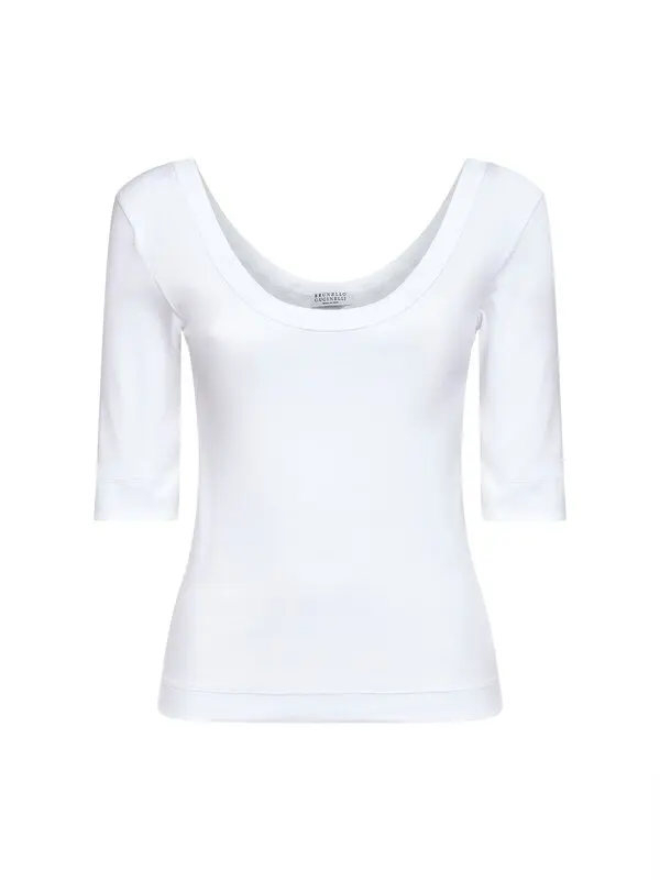 Brunello Cucinelli White Ribbed Stretch Jersey Monili T-shirt - Multicolor