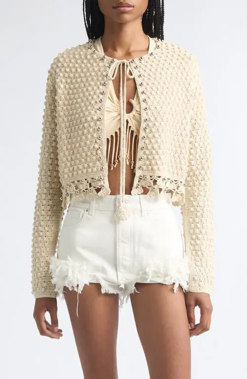 Rabanne Crochet Cardigan With Stud Embellishments - Ecru Fluffy