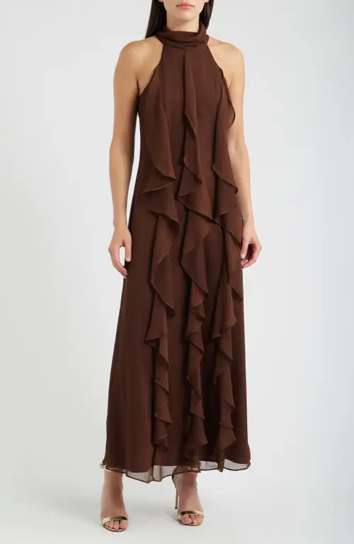 Eliza J Cascade Ruffle Halter Gown - Chocolate