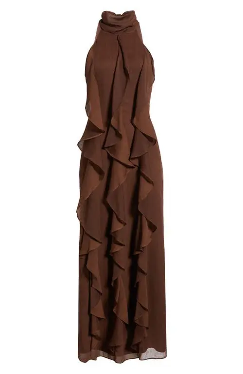 Eliza J Cascade Ruffle Halter Gown - Chocolate