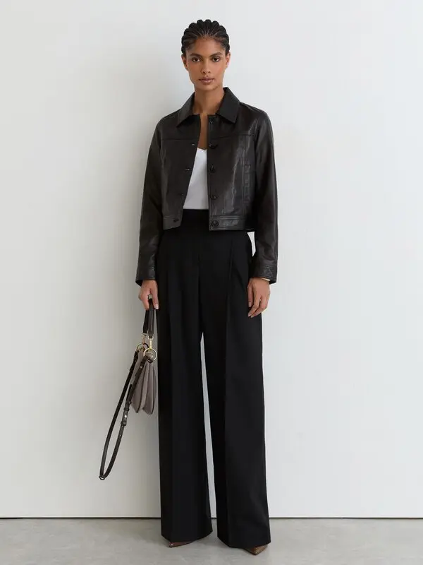 REISS Callie Leather Trucker Jacket - Black