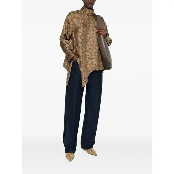 FERRAGAMO Graphic Print High Neck Silk Blouse - Brown