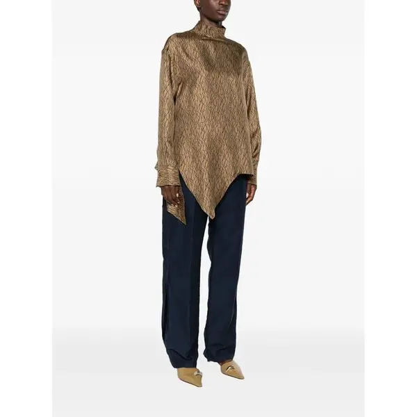 FERRAGAMO Graphic Print High Neck Silk Blouse - Brown