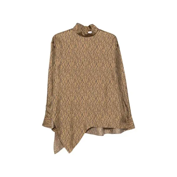 FERRAGAMO Brown Graphic Print High Neck Silk Blouse - Cream