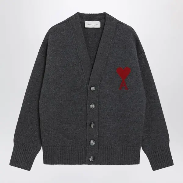 AMI Paris Merino Wool V-neck Cardigan With De Coeur Embroidery - Gray