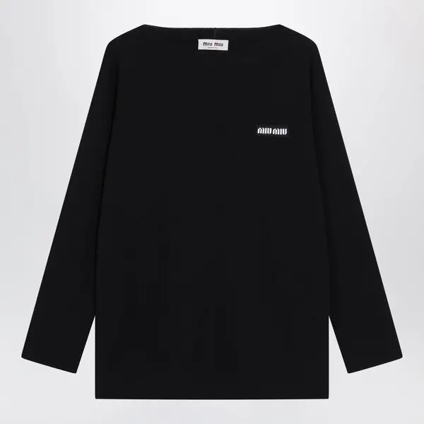 Miu Miu Virgin Wool Sweater With Logo Intarsia - Blue