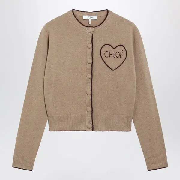 Chloé Light Wool And Cashmere Logo Cardigan - Brown