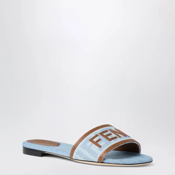 Fendi Sunshine Slides In Light Denim-effect Ff Jacquard - Blue