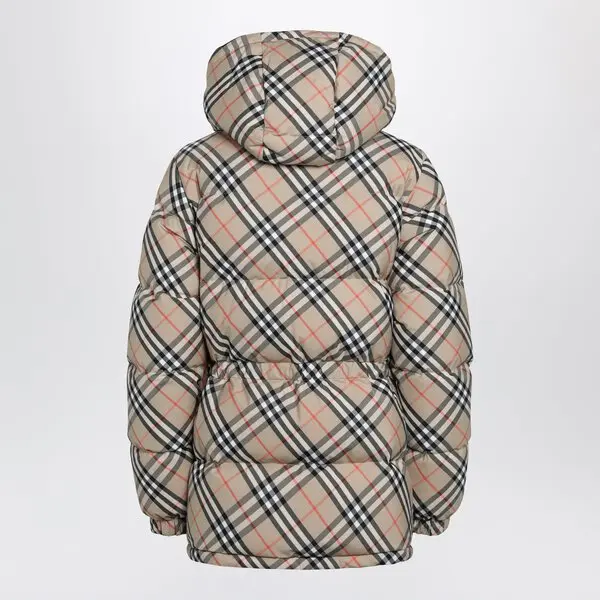 Burberry Hooded Check Nylon Puffer Jacket In Sand