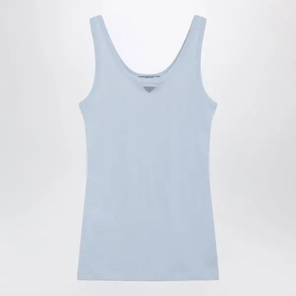 Prada Ribbed Cotton Top With Triangle Logo In Sky
