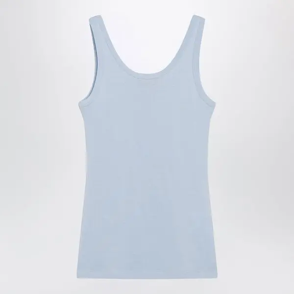 Prada Ribbed Cotton Top With Triangle Logo In Sky