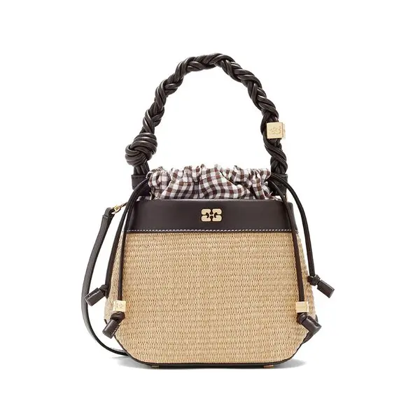 GANNI Braided Raffia Effect Bucket Bag With Gingham Lining - Cream