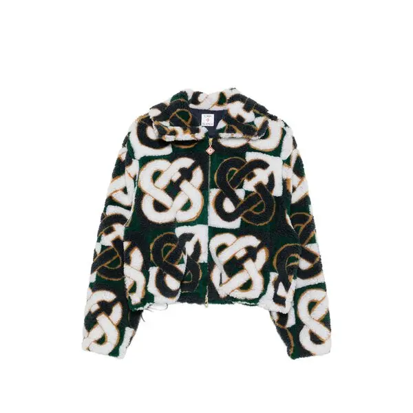 Casablanca Fleece Texture Monogram Print High Neck Zip-up Jacket - White