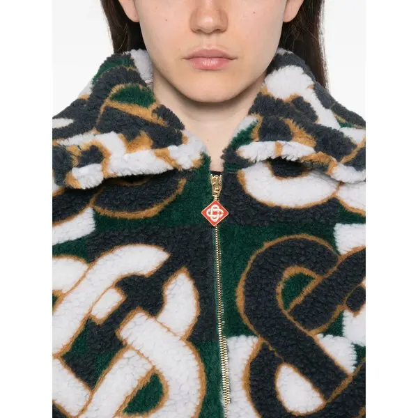 Casablanca Fleece Texture Monogram Print High Neck Zip-up Jacket - White
