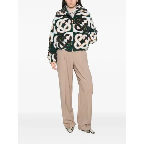 Casablanca Fleece Texture Monogram Print High Neck Zip-up Jacket - White