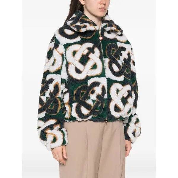 Casablanca Fleece Texture Monogram Print High Neck Zip-up Jacket - White