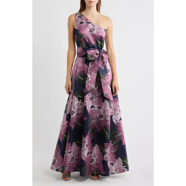 Eliza J Floral Print One-shoulder Ballgown