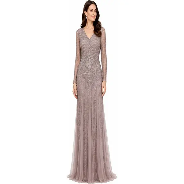 LARA NEW YORK High Neck Beaded Gown - Lilac
