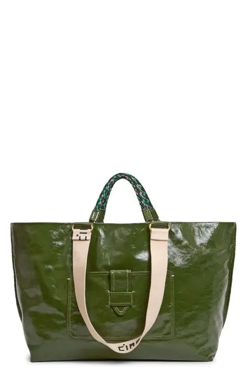 Clare V. Grande Bateau Crinkle Patent Leather Tote - Army