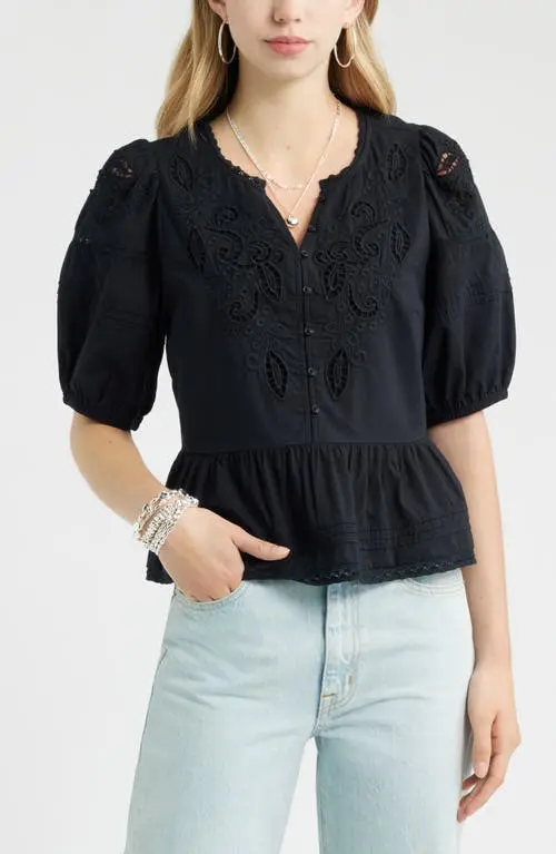Treasure & Bond Cutwork Puff Sleeve Cotton Top - Black