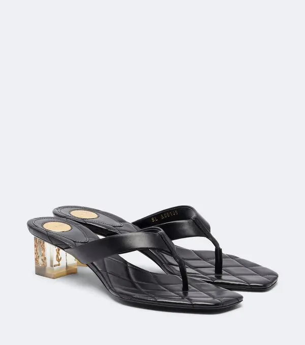 Saint Laurent Cassandre Leather Thong Sandals - Black