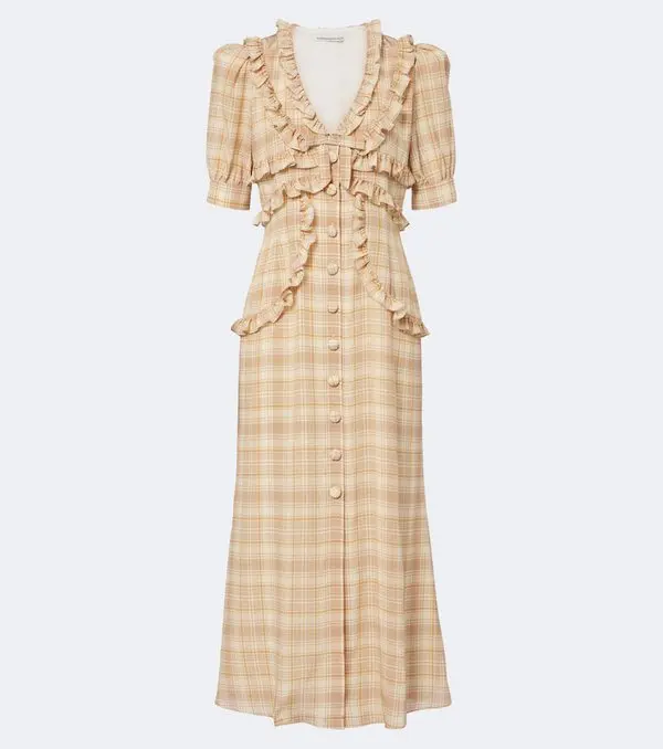 Alessandra Rich Ruffled Plaid Silk Midi Dress - Beige
