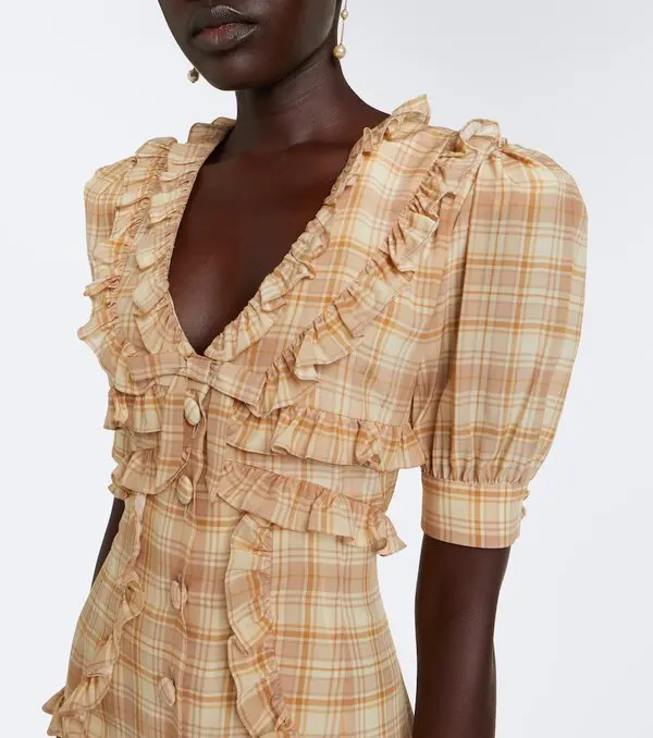 Alessandra Rich Ruffled Plaid Silk Midi Dress - Beige