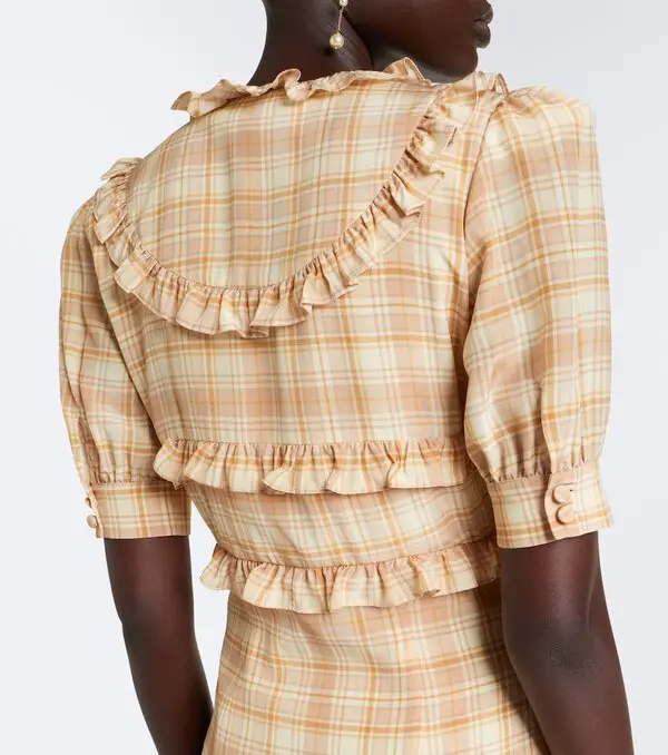 Alessandra Rich Ruffled Plaid Silk Midi Dress - Beige