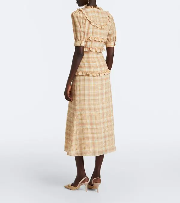 Alessandra Rich Ruffled Plaid Silk Midi Dress - Beige