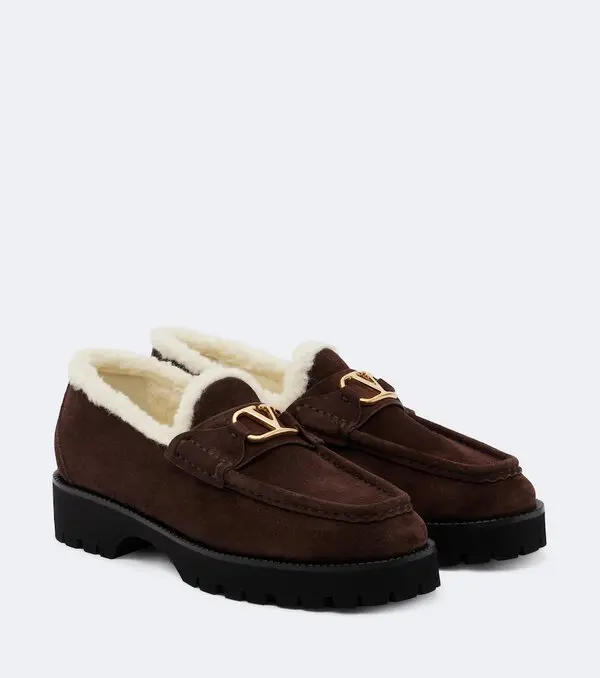 Valentino Garavani Vlogo Shearling-trimmed Suede Platform Loafers - Brown