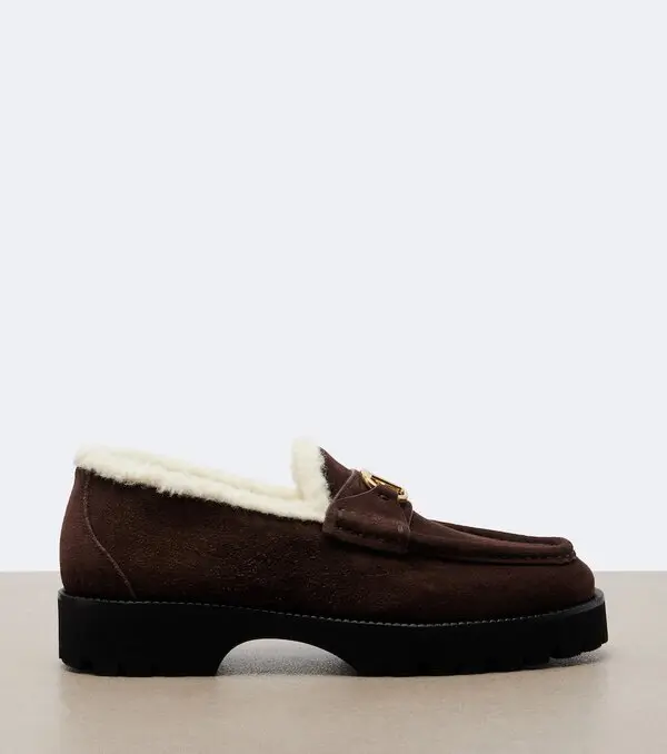 Valentino Garavani Vlogo Shearling-trimmed Suede Platform Loafers