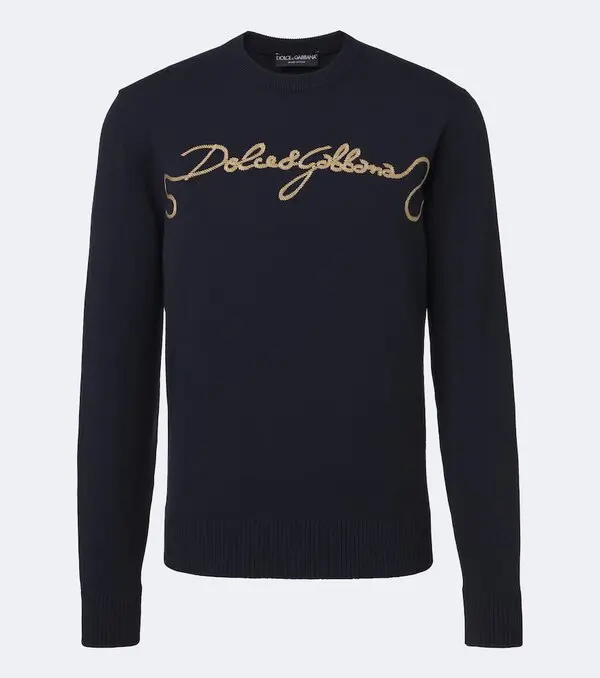 Dolce & Gabbana Embroidered Virgin Wool Crew Neck Sweater - Blue