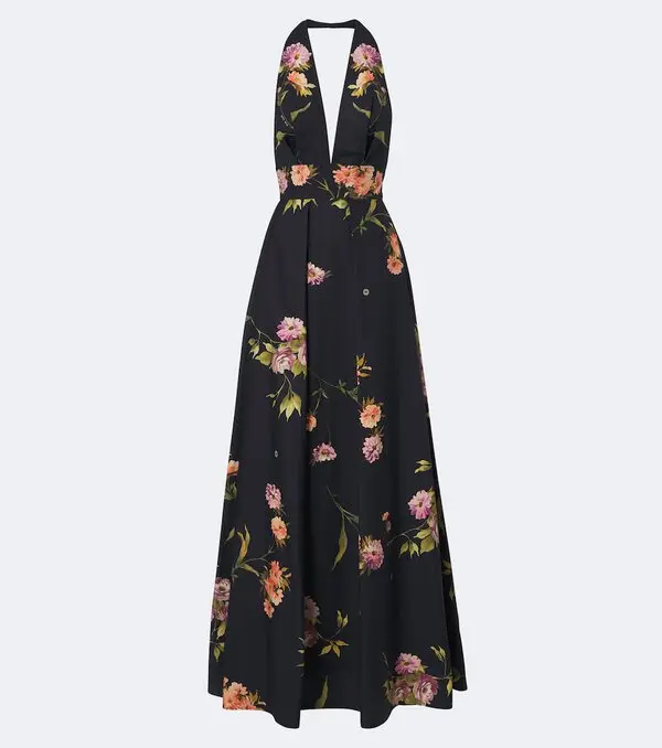 Elie Saab Floral Pleated Cotton Poplin Maxi Dress - Blue