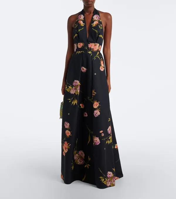 Elie Saab Floral Pleated Cotton Poplin Maxi Dress - Blue