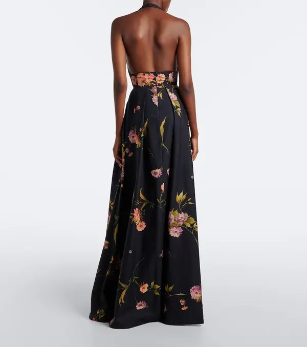 Elie Saab Floral Pleated Cotton Poplin Maxi Dress - Blue