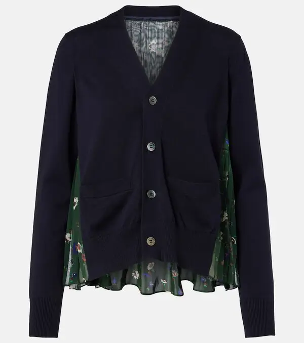 Sacai Floral Trim Cotton Cardigan - Blue