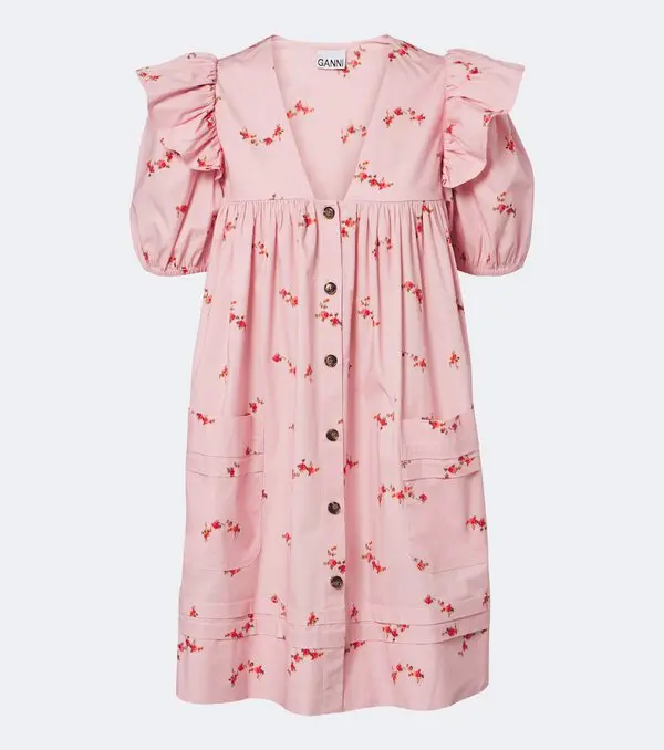 GANNI Floral Ruffled Cotton-blend Poplin Mini Dress - Pink