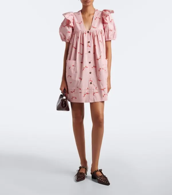 GANNI Floral Ruffled Cotton-blend Poplin Mini Dress