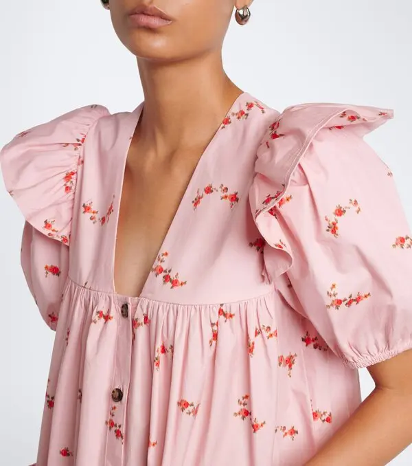 GANNI Floral Ruffled Cotton-blend Poplin Mini Dress