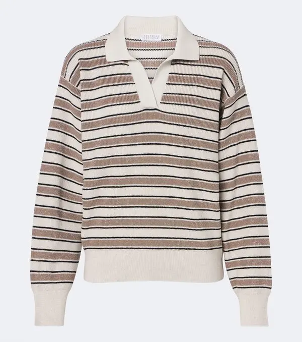 Brunello Cucinelli Striped Cotton-blend Polo Sweater - Beige