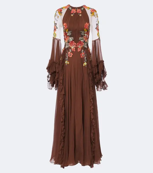 Costarellos Embroidered Floral-appliqué Silk Gown - Brown