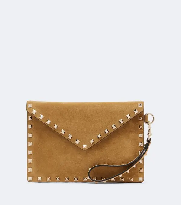 Valentino Garavani Rockstud Medium Suede Pouch - Beige
