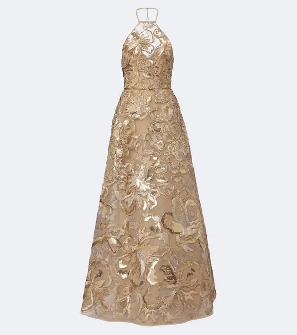 Elie Saab Halterneck Sequined Tulle Gown - Beige