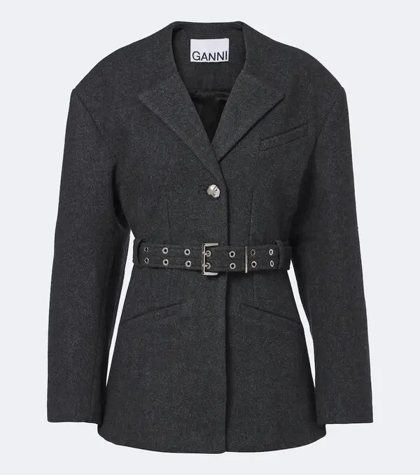 GANNI Belted Wool And Cashmere-blend Blazer - Grey